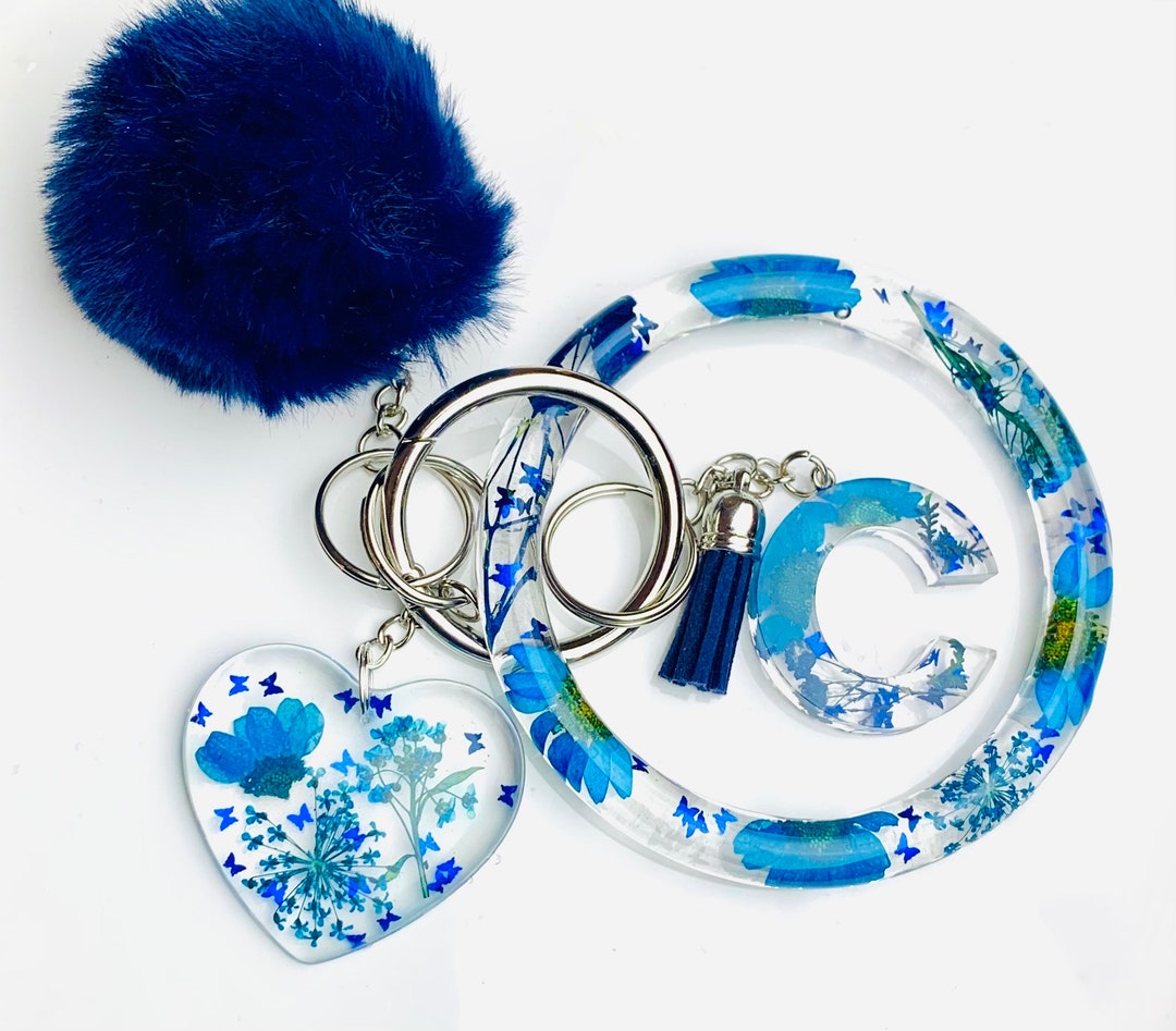 Dark Blue Floral & Butterflies Personalized Resin Initial Keychain ...