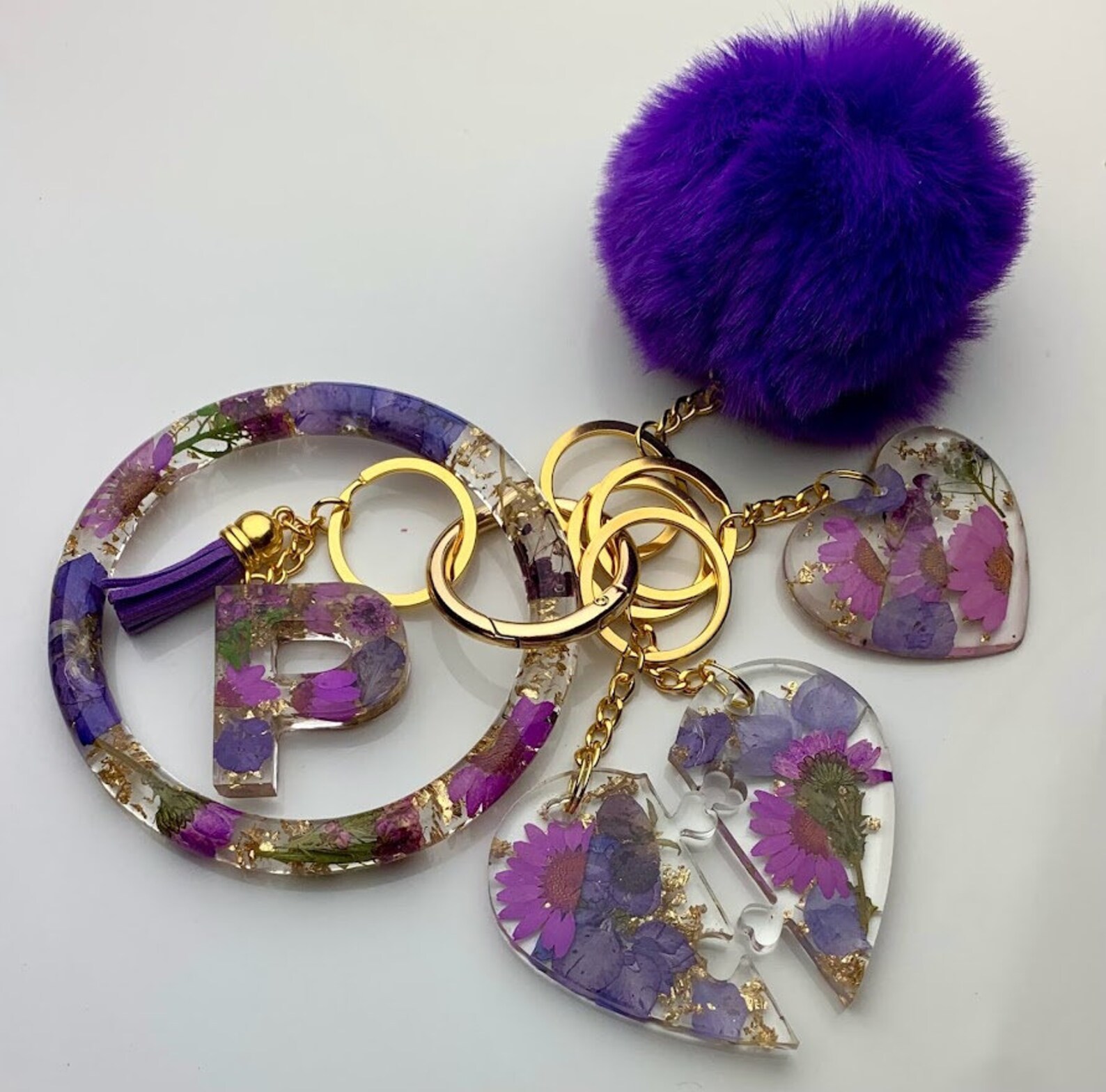 Purple Floral Personalized Resin Initial Keychain Bracelet Set - Etsy