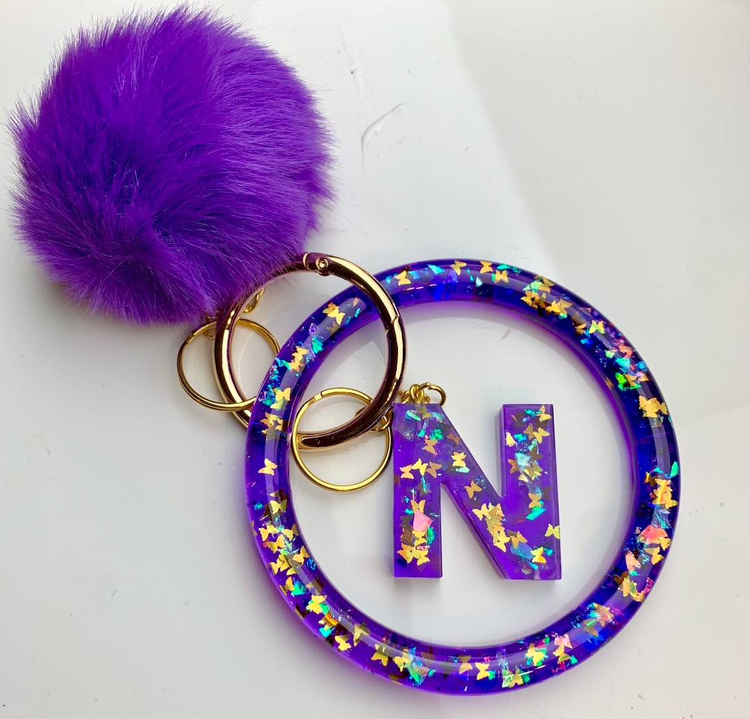 Purple Flakes & Gold Butterflies Keychain Set Personalized Resin Initial Keychain Bracelet ...