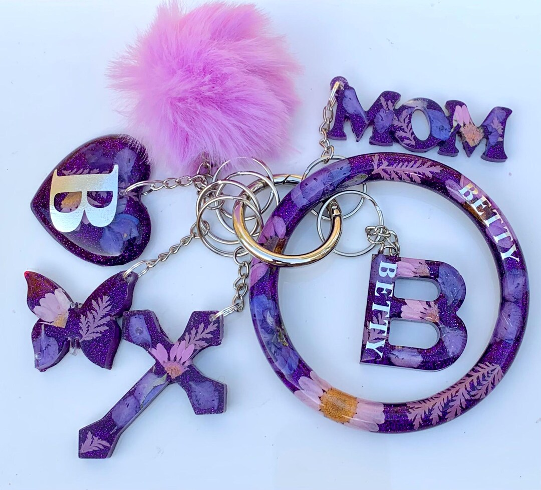 Glitter Dark Purple Floral Personalized Resin Initial Keychain Set ...