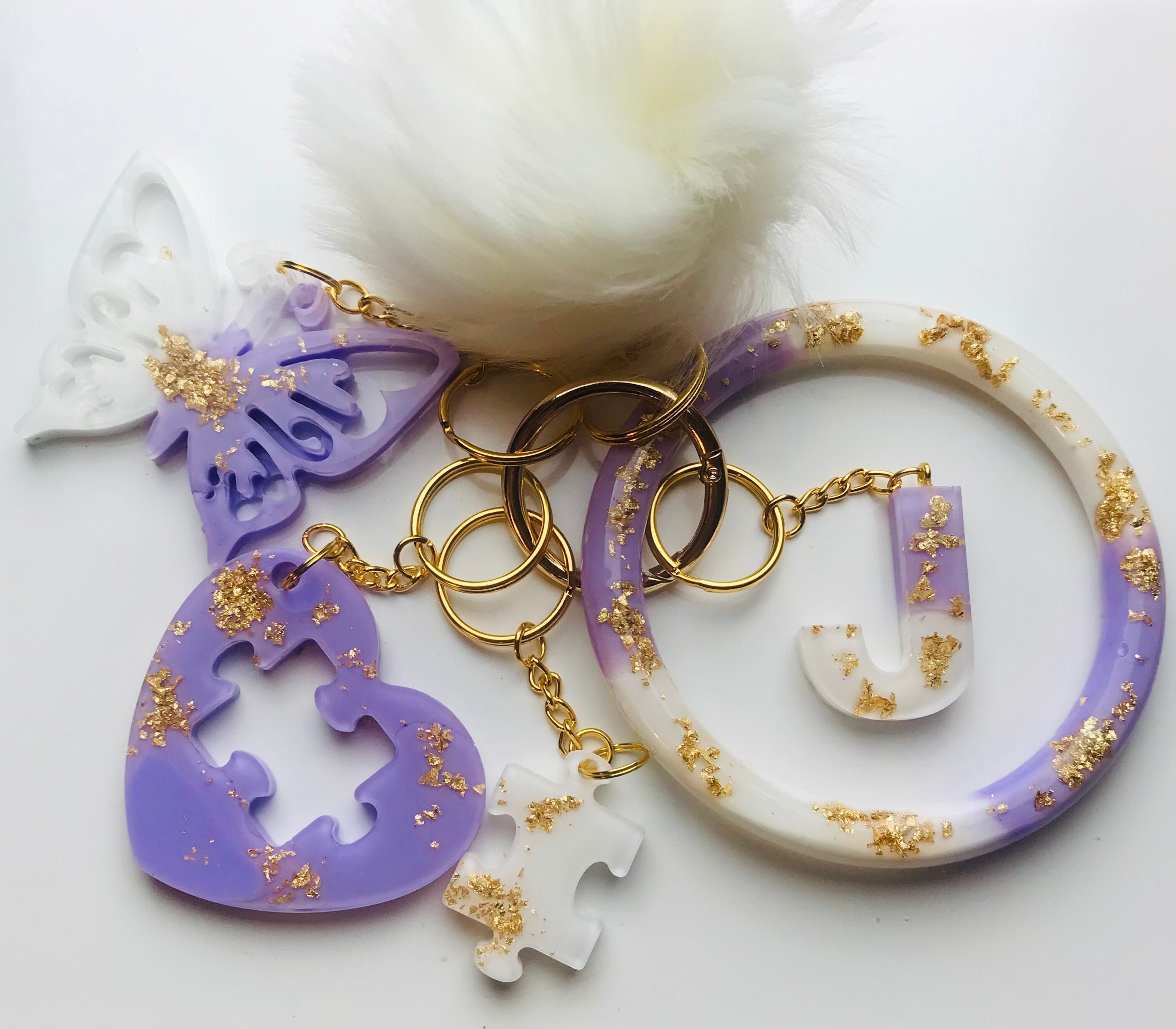 Purple & White Personalized Resin Initial Keychain Bracelet Set |custom ...