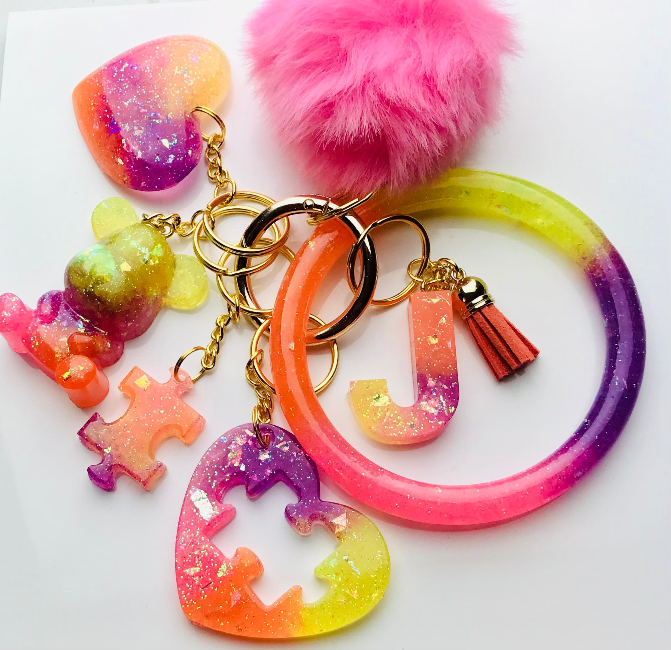 Glitter Rainbow Resin Keychain Set Rainbow Keychain Wristlet - Etsy