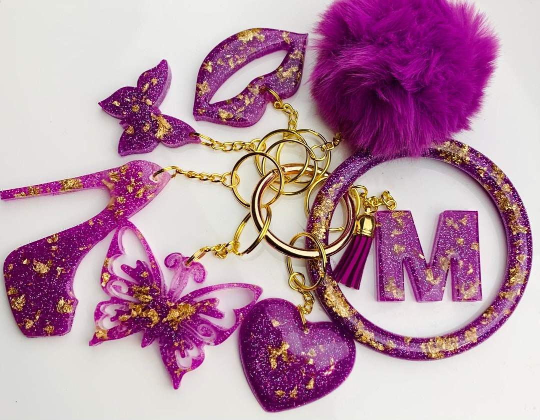 Purple Plum & Gold Glake Keychain Bracelet |personalized Resin Initial ...