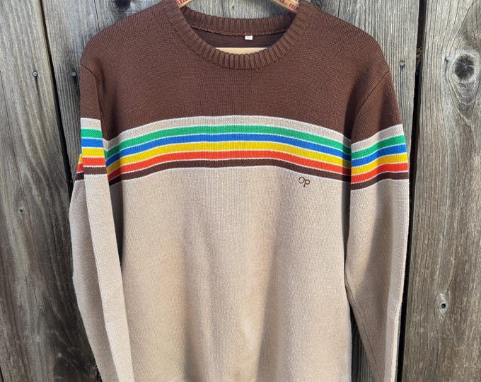 OP Ocean Pacific Chest Striped Rainbow Sweater Acrylic Sz Large 1970s ...