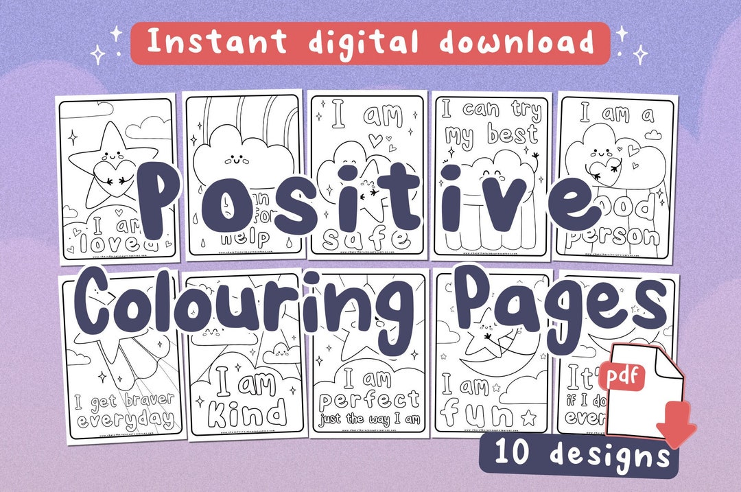 Cute Positive Colouring Pages in 10 Designs Kids - Etsy