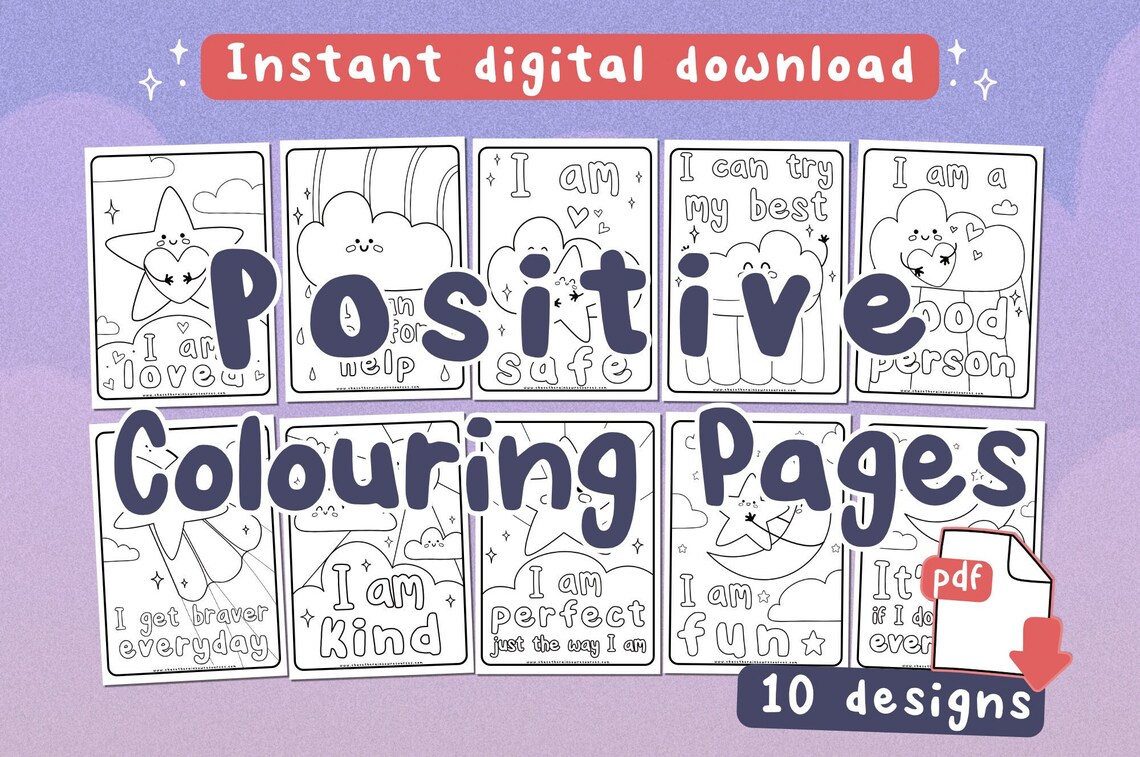 Cute Positive Colouring Pages in 10 Designs Kids - Etsy