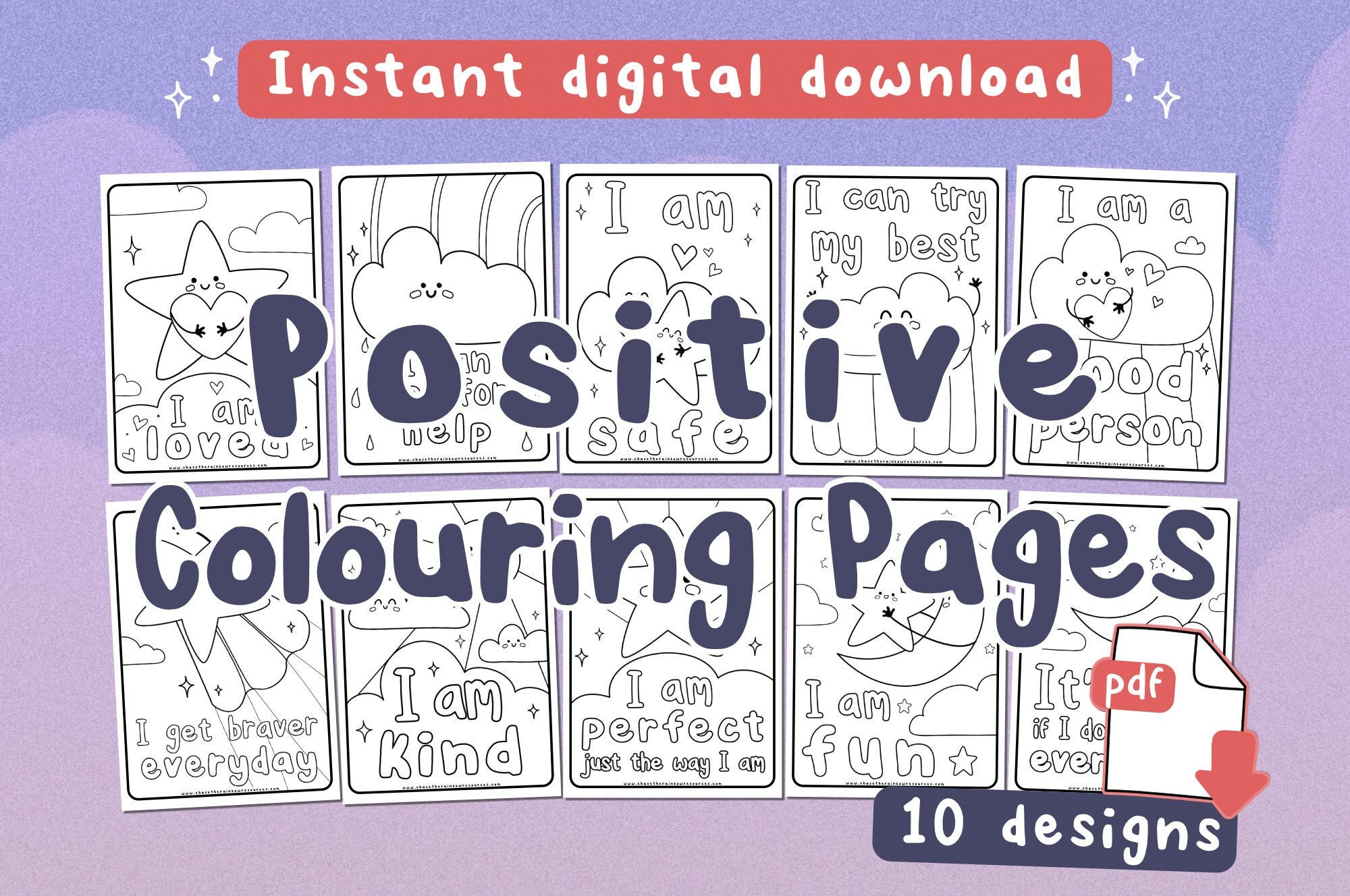 Cute Positive Colouring Pages in 10 Designs Kids - Etsy