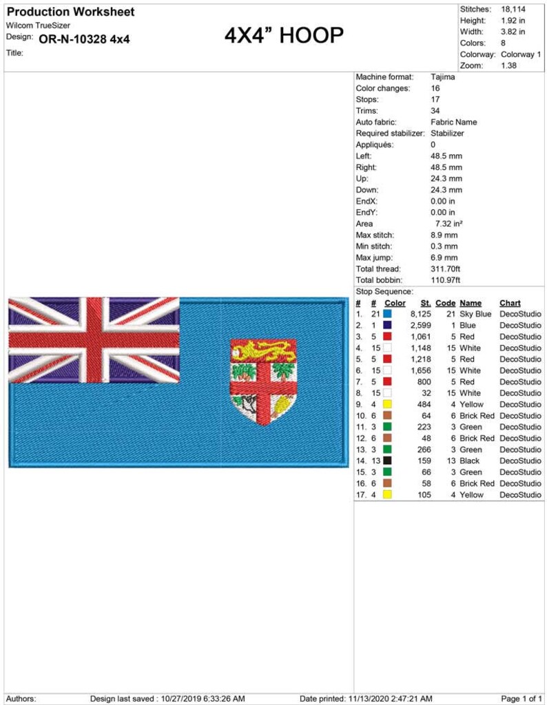 Fiji Flag Machine Embroidery Design, 2.5x2.5, 4x4 & 5x7 Hoop Flag ...