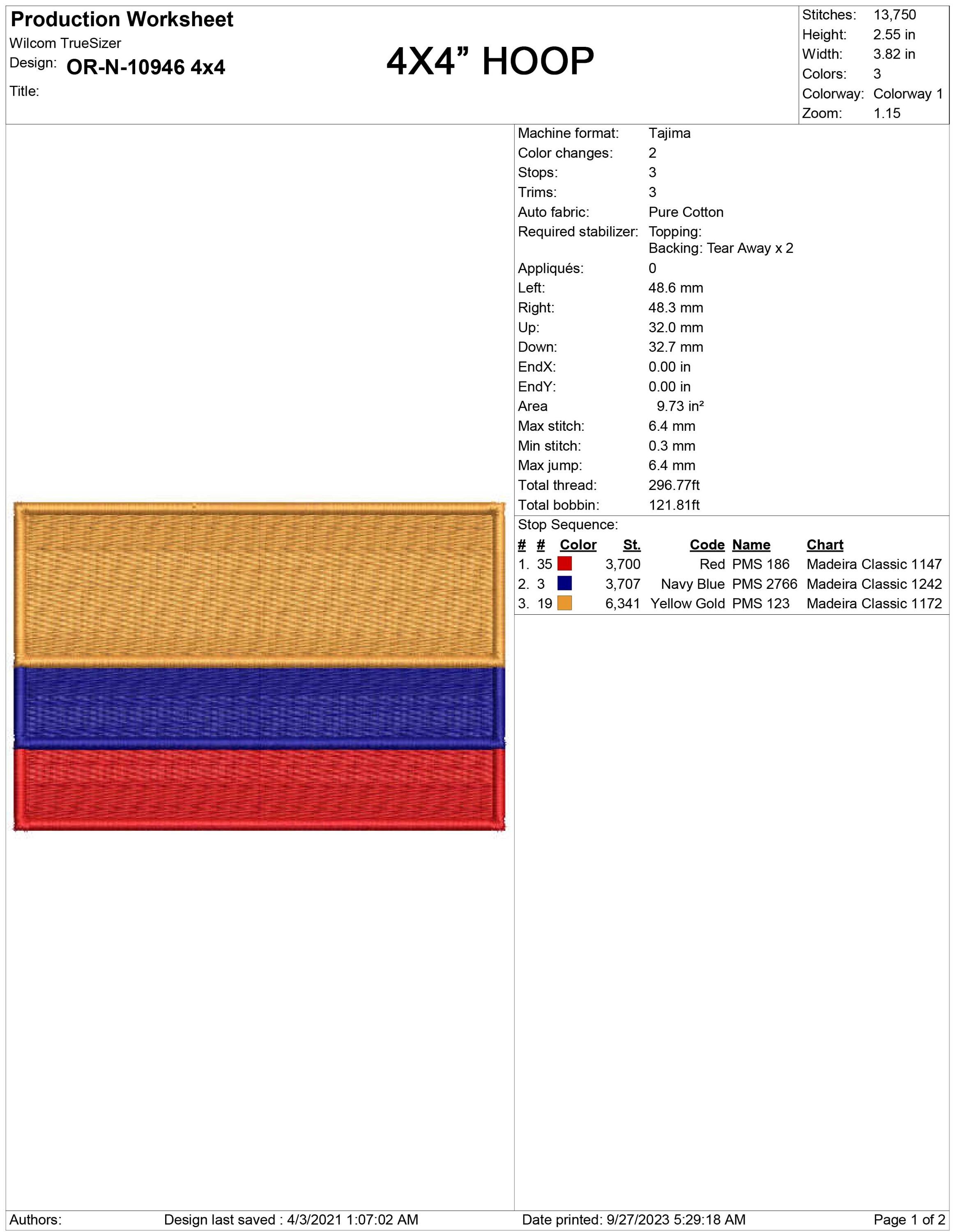 Colombia Flag Machine Embroidery Design | 3 Sizes Embroidery Designs ...
