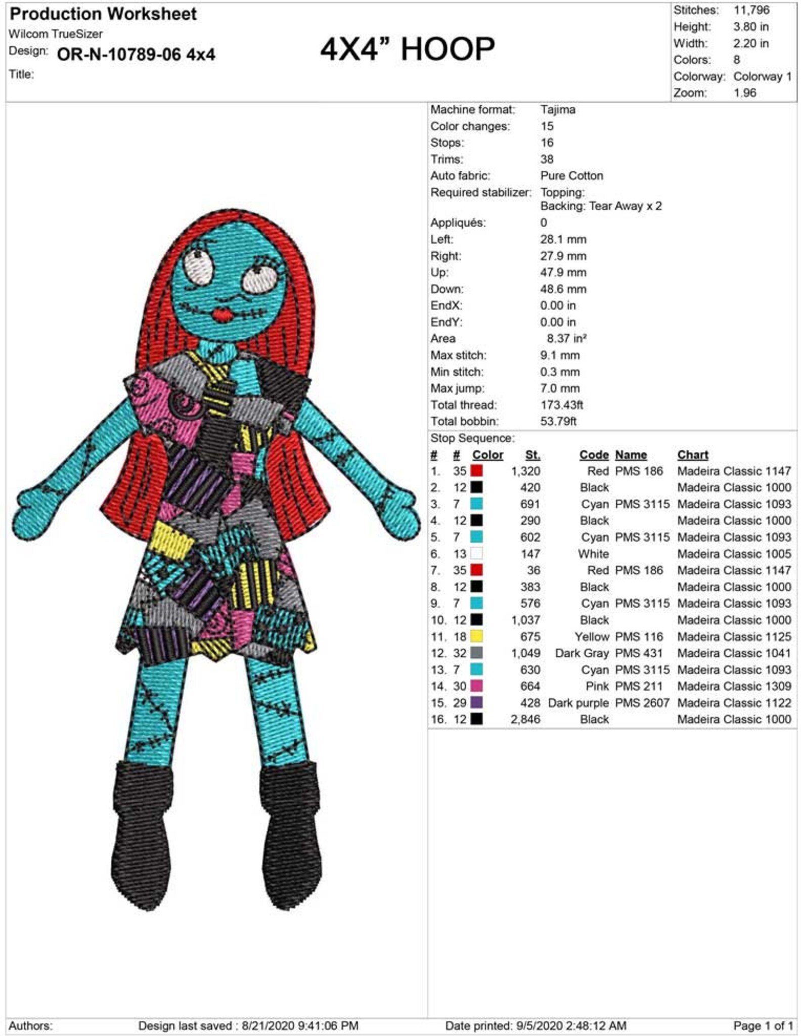 TNBC Sally Doll Machine Embroidery Design 4x4 and 5x7 Hoop - Etsy