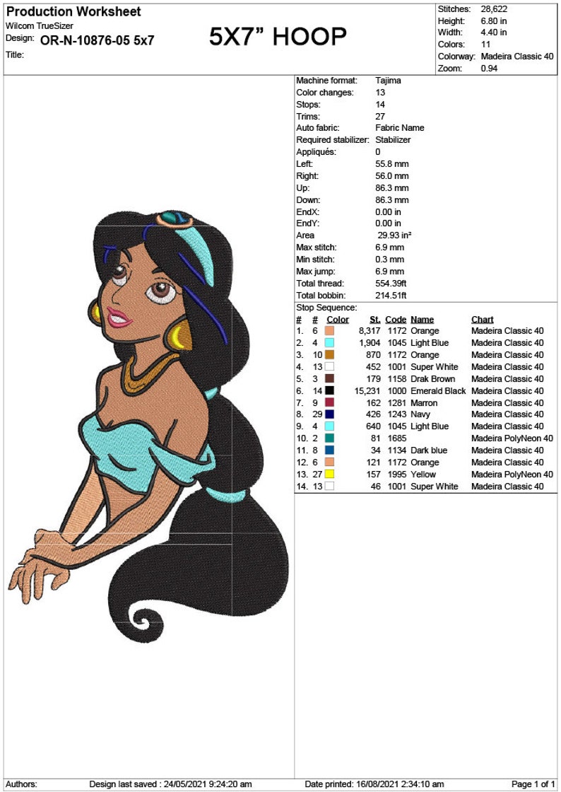 Princess Jasmine Machine Embroidery Design, Princess Embroidery Designs ...