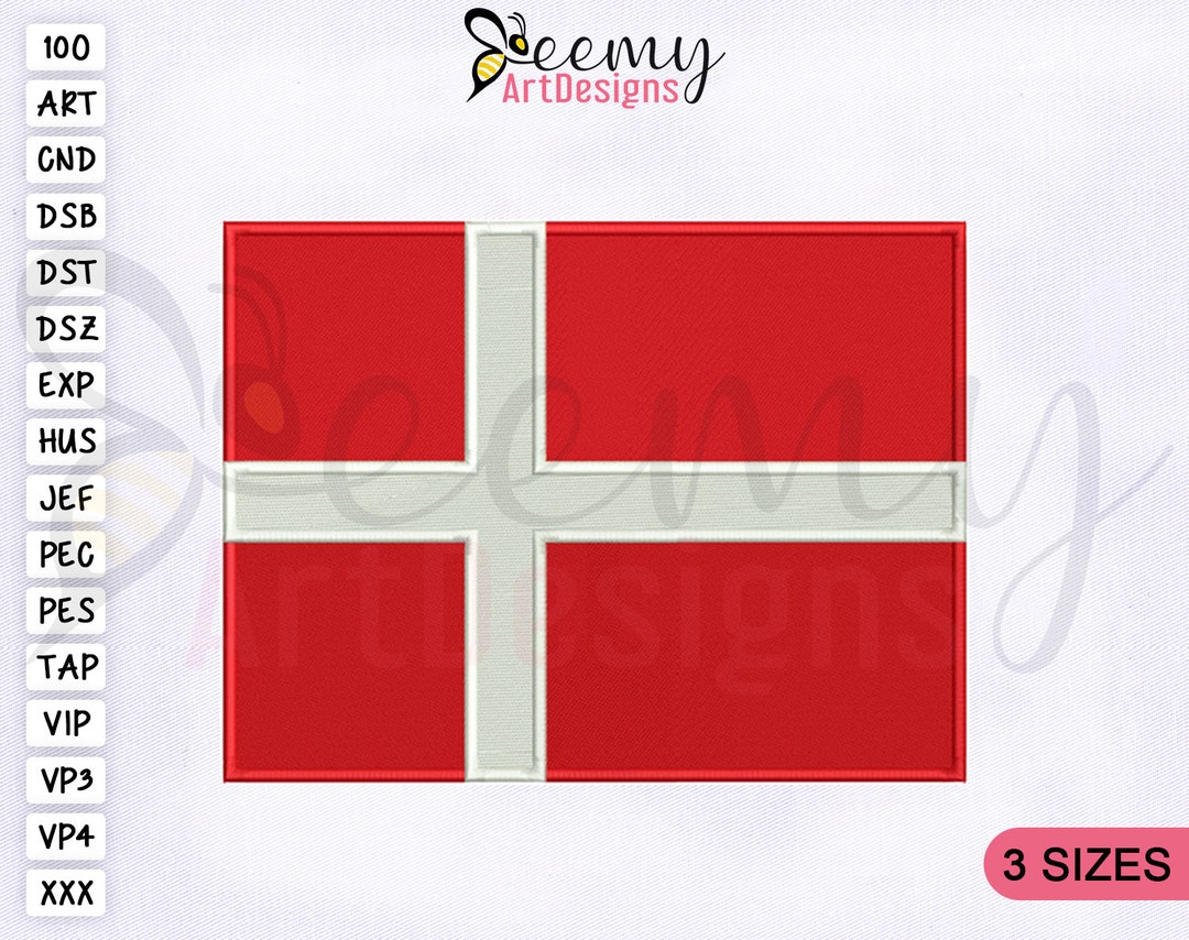 Denmark Flag Machine Embroidery Design, 2.5x2.5, 4x4 & 5x7 Hoop Flag ...