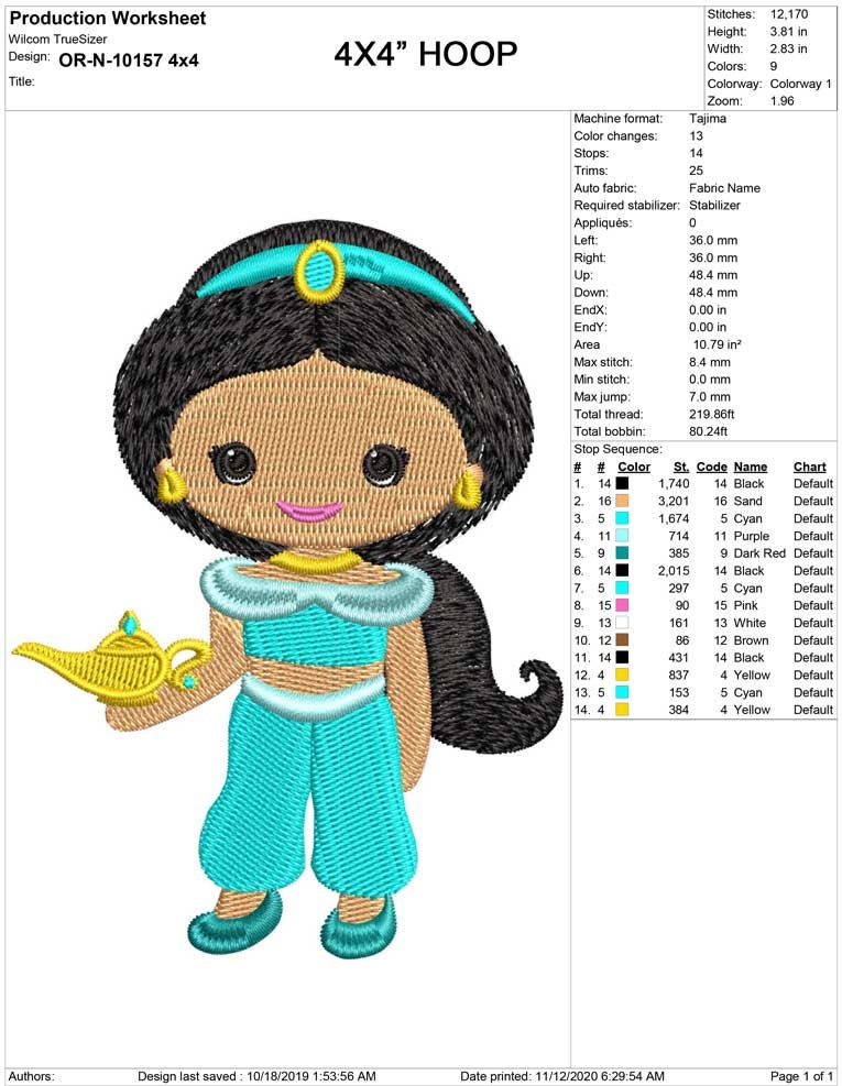 Baby Princess Jasmine Embroidery Design 4x4 and 5x7 Hoop - Etsy