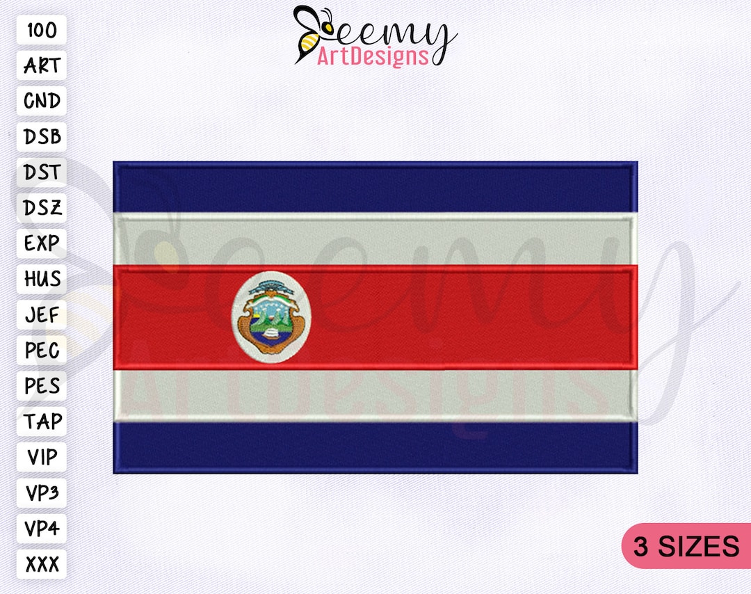 Costa Rica Flag Machine Embroidery Design, 2.5x2.5, 4x4 and 5x7 Hoop ...