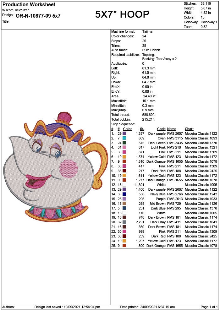 Beauty and the Beast Mrs. Potts Embroidery Design, Beauty and the Beast ...