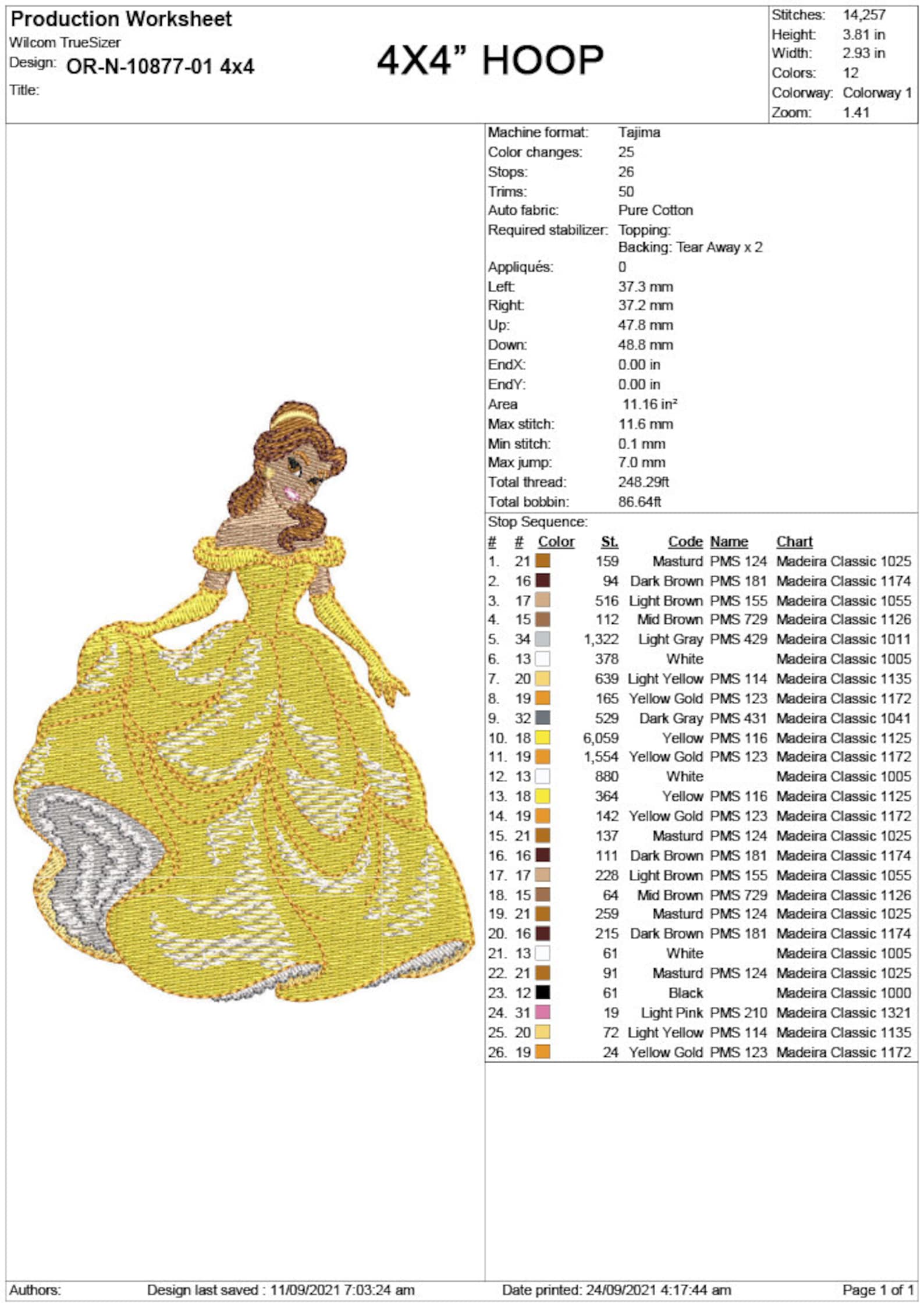Belle Yellow Dress Embroidery Design, Princess Belle Embroidery Designs ...