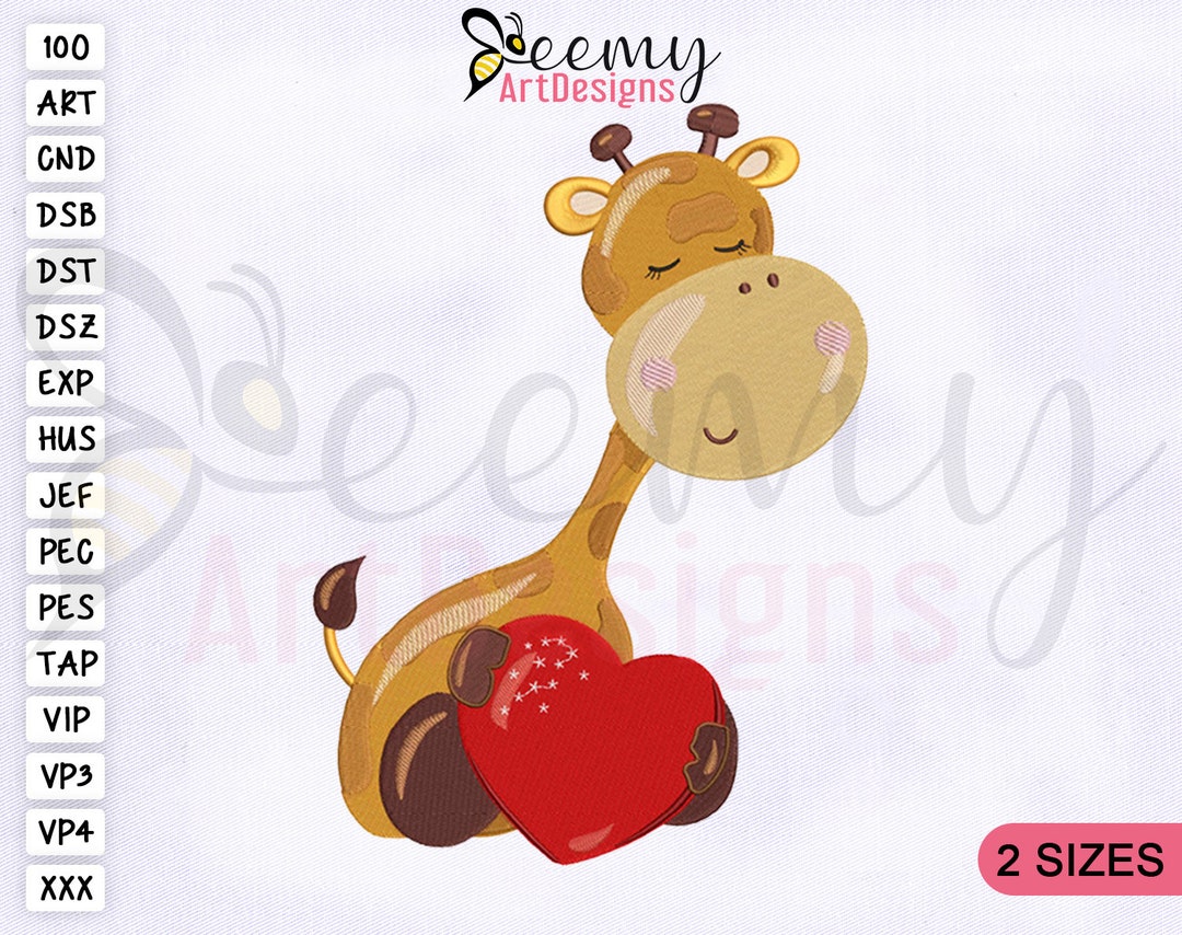 Cute Baby Zarafa Holding Heart Embroidery Design, 4x4 and 5x7 Hoop EMB ...