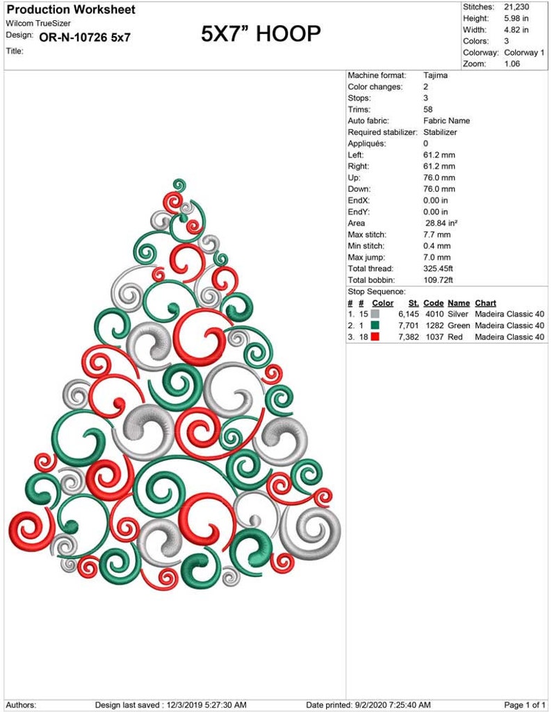 Swirl Christmas Tree Embroidery Design, 4x4 & 5x7 Hoop, Colorful ...