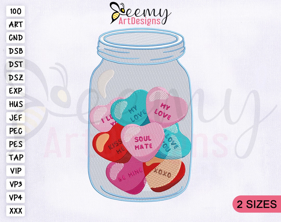 Valentine's Day Heart in Love Jar Embroidery Design, 4x4 and 5x7 Hoop ...