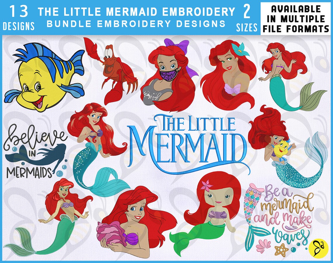 The Little Mermaid Embroidery Designs Bundle 2 Sizes EMB | Etsy