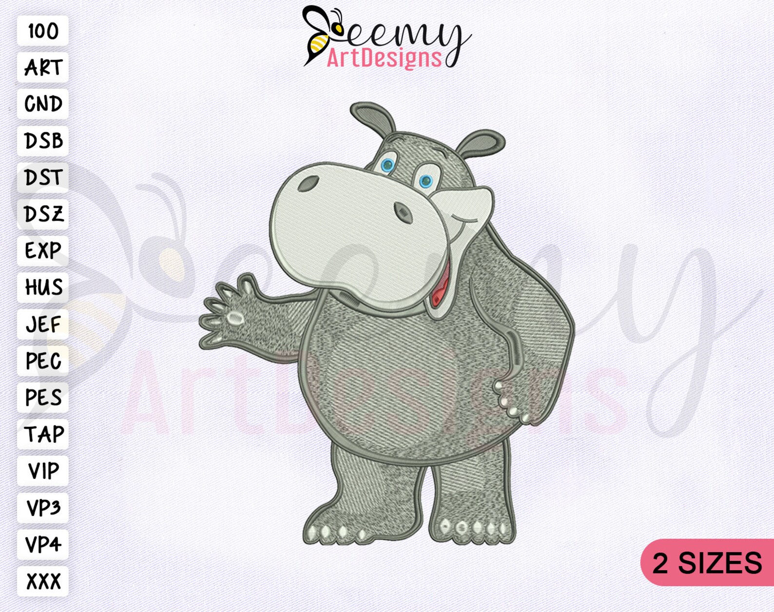Grey Hippo Machine Embroidery Design 4x4 and 5x7 Hoop Design - Etsy