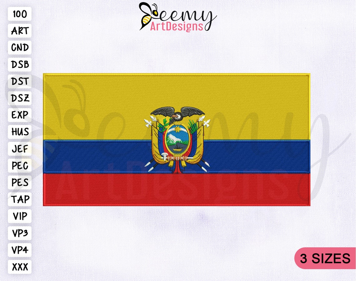 Ecuador Flag Machine Embroidery Design, 2.5x2.5, 4x4 & 5x7 Hoop Flag ...