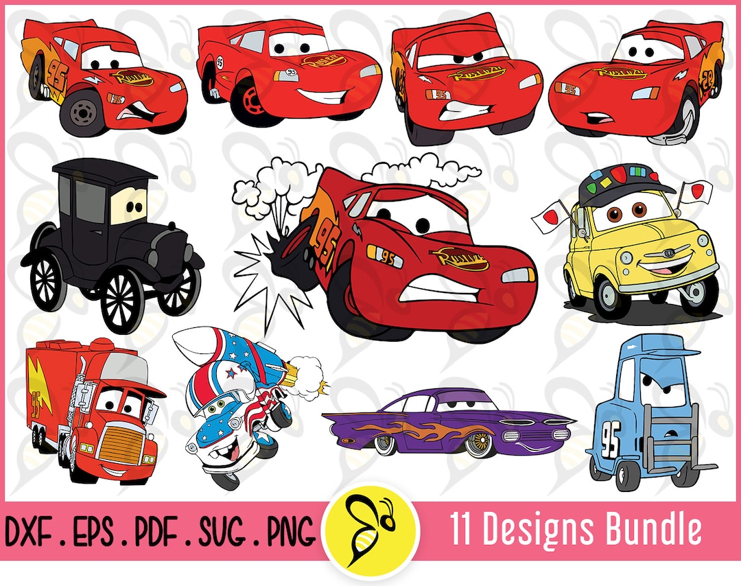 Cars Vector Art File Bundle, Lightning Mcqueen, Lizzie Car, Luigi Car ...