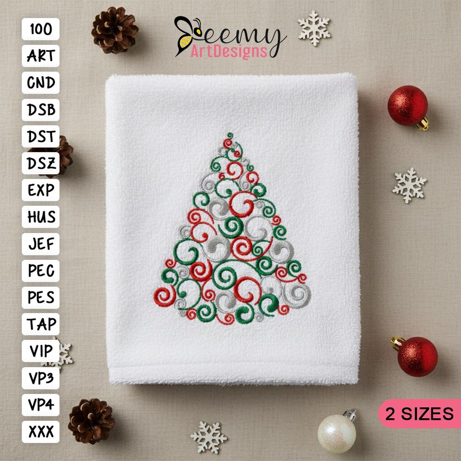 Swirl Christmas Tree Embroidery Design, 4x4 & 5x7 Hoop, Colorful ...