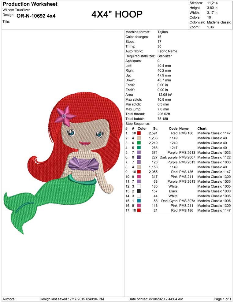 Baby Princess Ariel Embroidery Design 4x4 and 5x7 Hoop Cute - Etsy