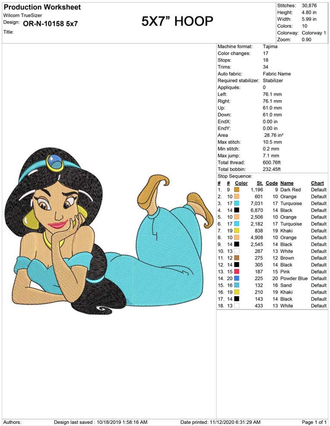 Aladdin Princess Jasmine Embroidery Design, 4x4 and 5x7 Hoop, Princess ...