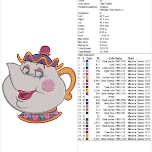 Beauty and the Beast Mrs. Potts Embroidery Design, Beauty and the Beast ...