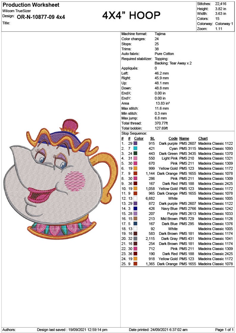 Beauty and the Beast Mrs. Potts Embroidery Design, Beauty and the Beast ...