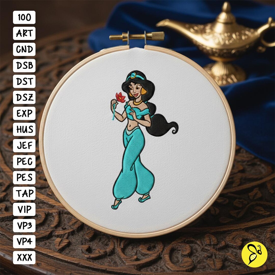 Princess Jasmine With Flower Embroidery Design, Aladin Princess ...