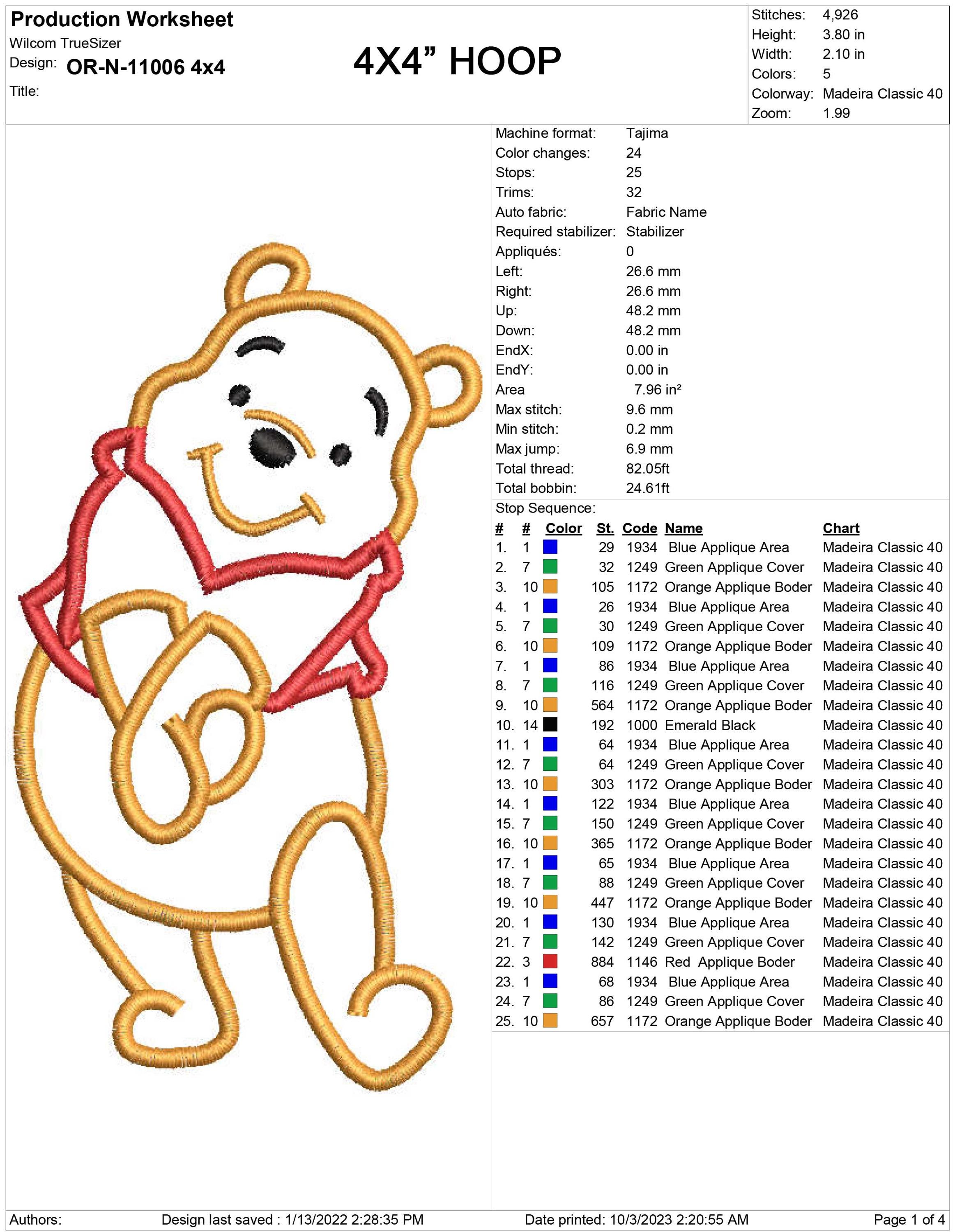 Pooh Bear Applique Machine Embroidery Design | 4x4 & 5x7 Hoop ...