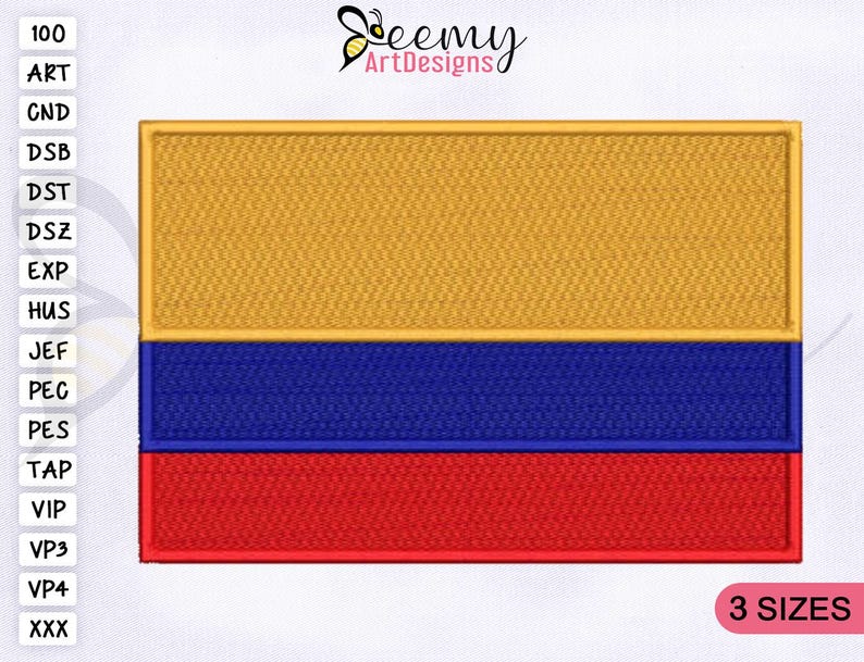 Colombia Flag Machine Embroidery Design | 3 Sizes Embroidery Designs ...