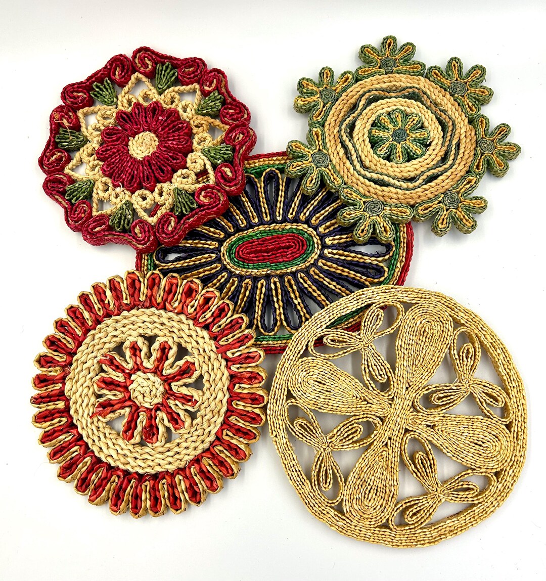 Set of 5 Vintage Woven Straw Trivets Braided Wicker Raffia Hot Pad ...