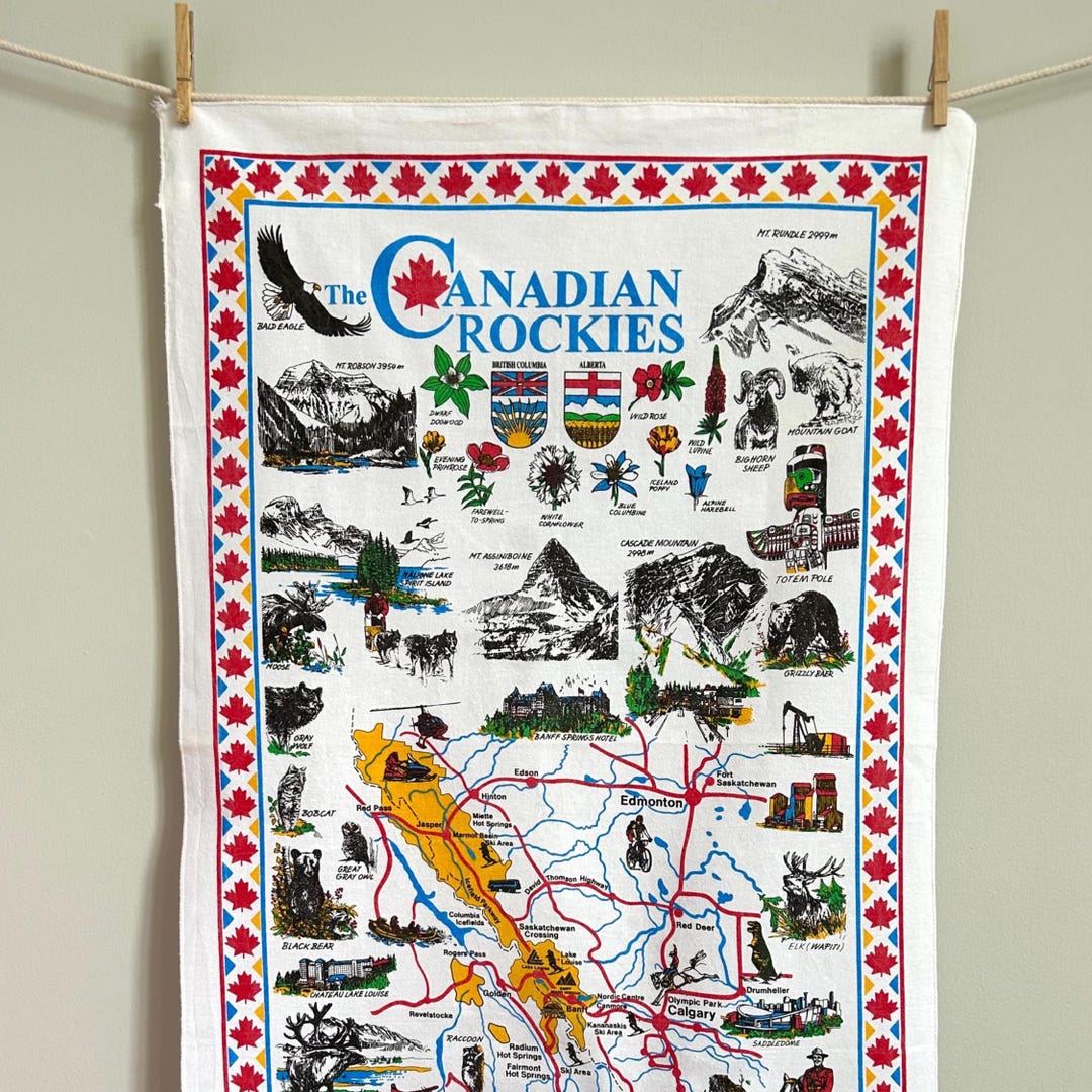 Vintage Canadian Rockies Tea Towel | Map With Kitschy Graphics | Cotton ...