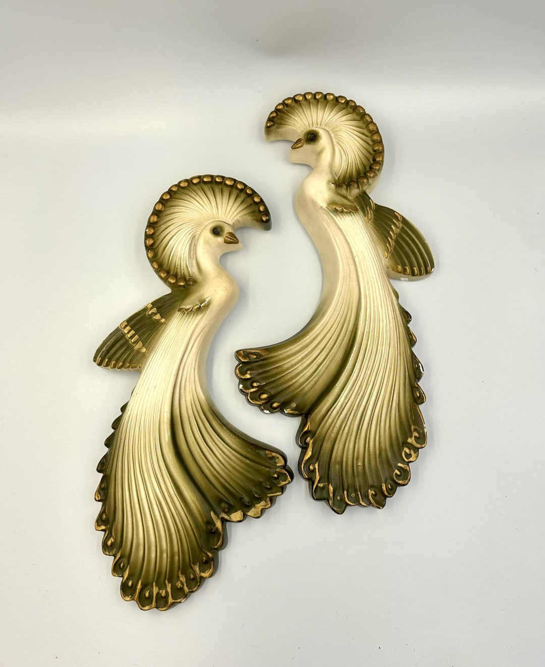 Vintage Pair of Chalkware Birds of Paradise / Peacocks Favour Ind. Mid ...