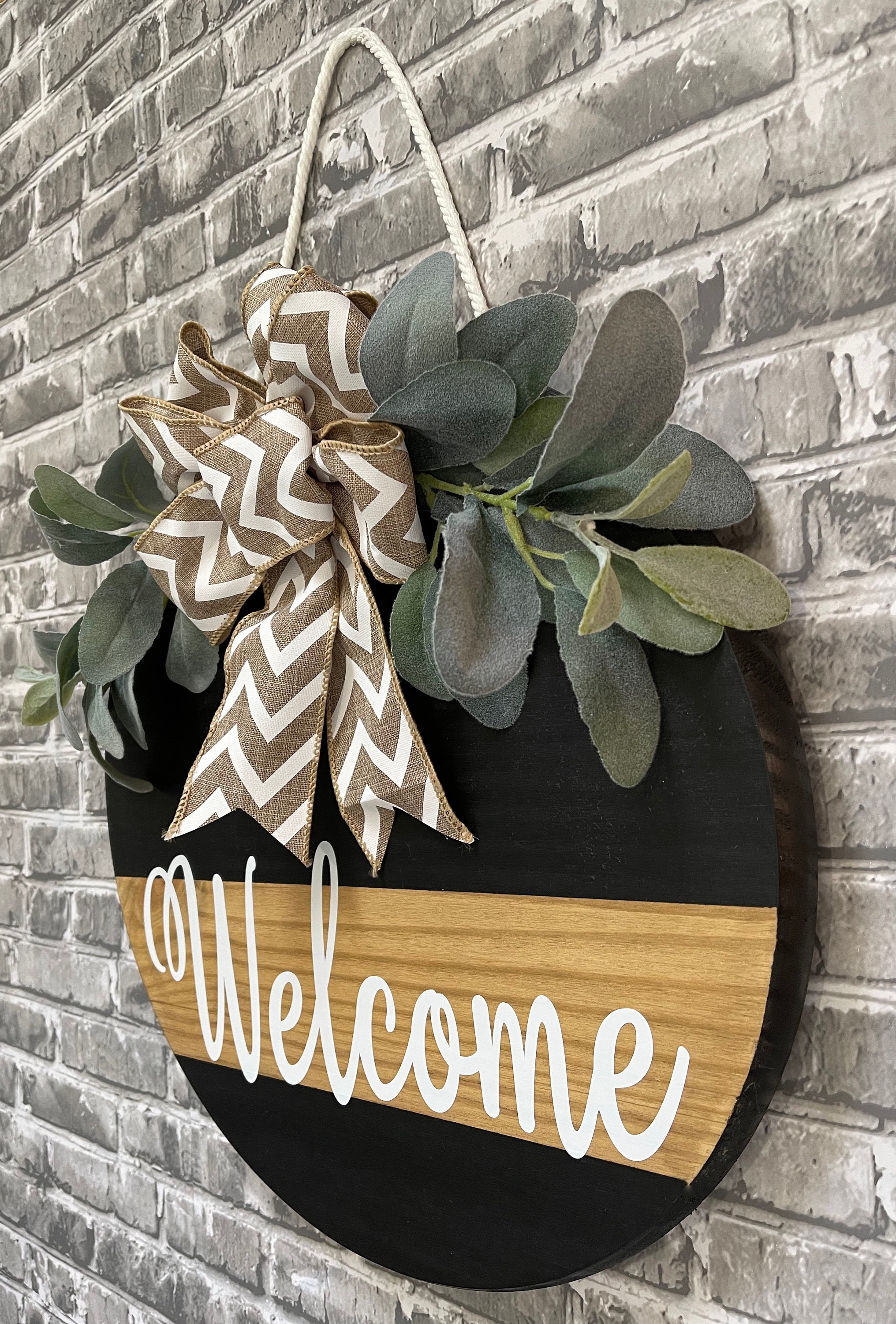 Round Wood Welcome Sign|front Porch Circle Welcome Sign|black & White ...