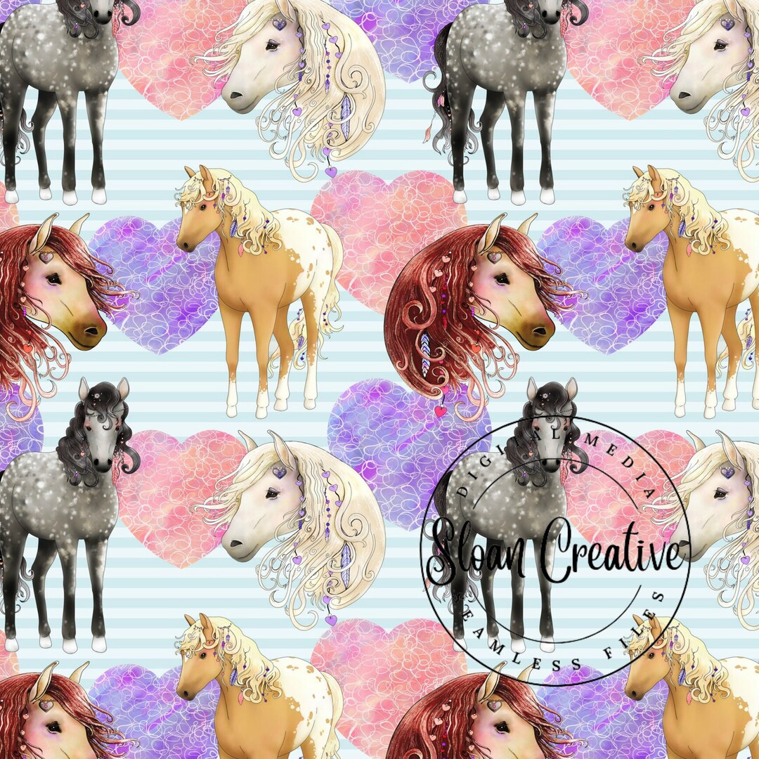 Horses Watercolor Hearts Horse Scrapbook Seamless Pattern Digital Paper ...