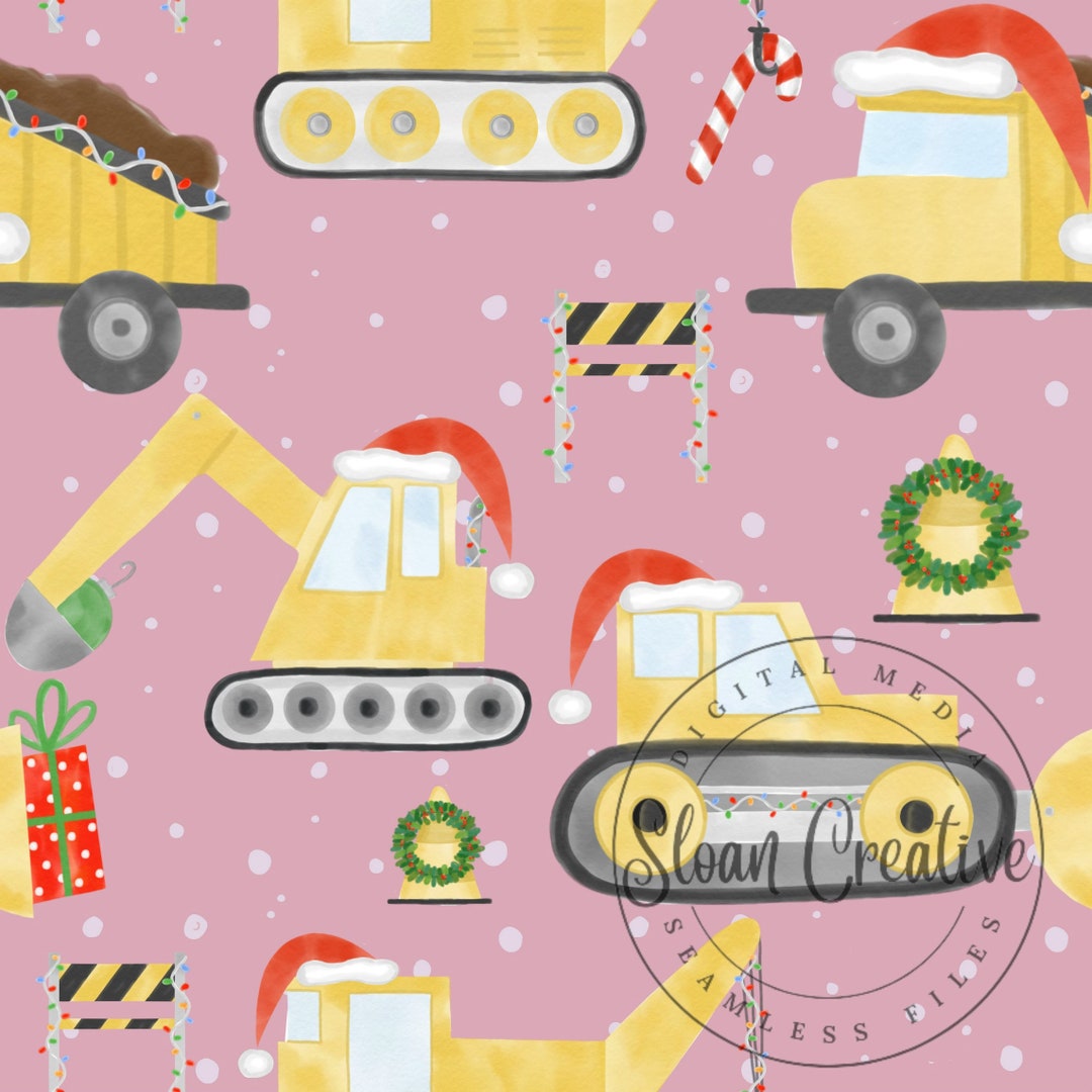 Pink Christmas Construction Digger Tractor Holidays Seamless Pattern ...