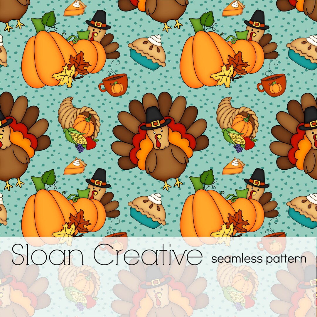 Turkey Pumpkin Teal Harvest Fall Autumn Thanksgiving Seamless Digital ...