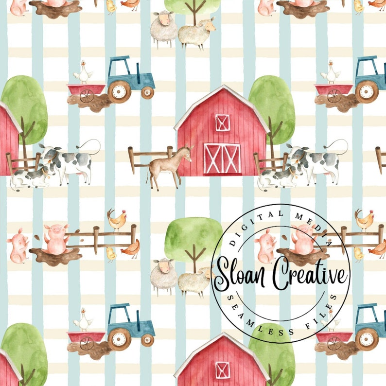 On the Farm Animals Tractor Cow Chicken Pig Plaid Seamless Pattern ...