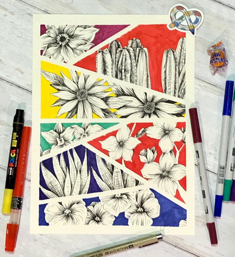 Original Pen Marker Floral Cactus Drawing - Etsy