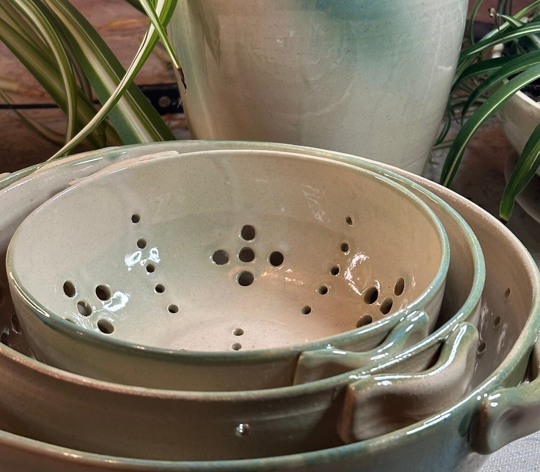 Hand Thrown Stoneware Berry Bowl: Pastel Green Ceramic Colander - Etsy