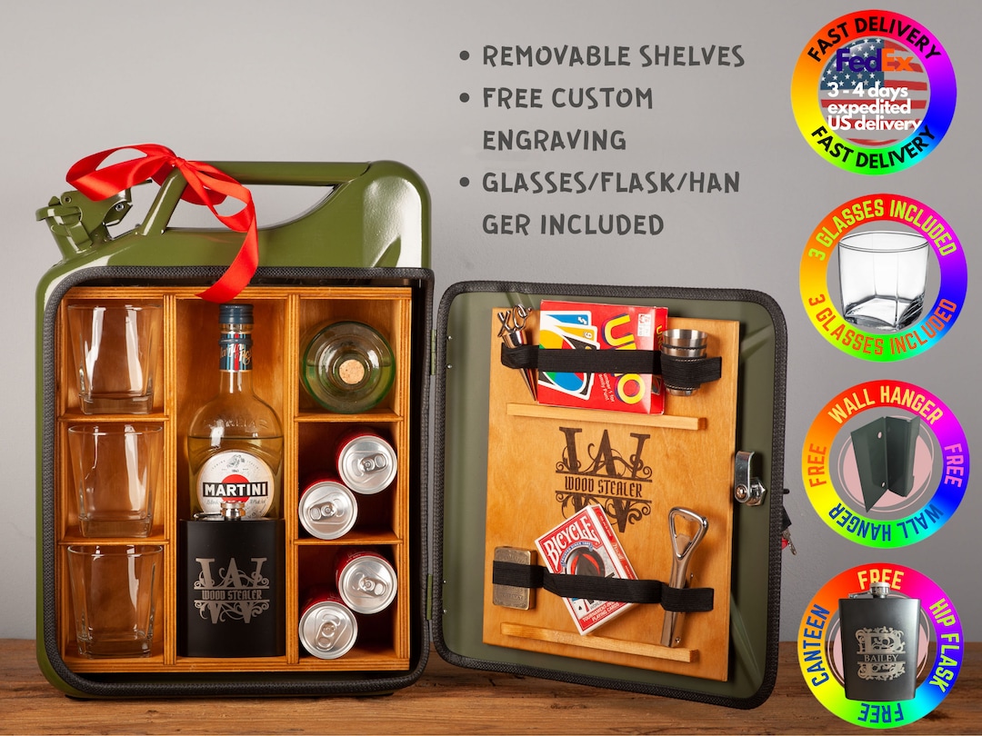 Jerry Can Mini Bar V1 FREE PERSONALIZED ENGRAVEMENT, 3 Glasses ...