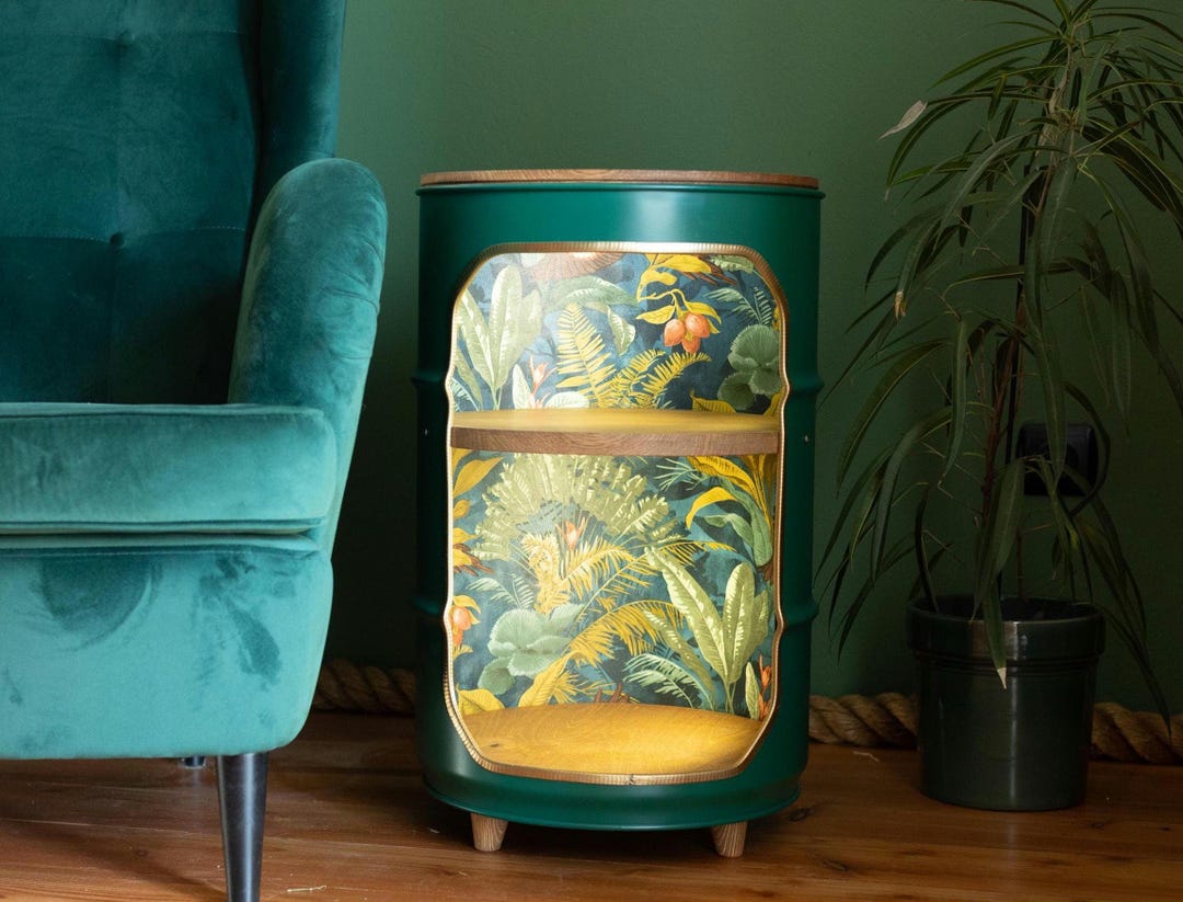 Handmade Green Oil Drum Nightstand: Oak Shelves, Tropical Interior - Etsy