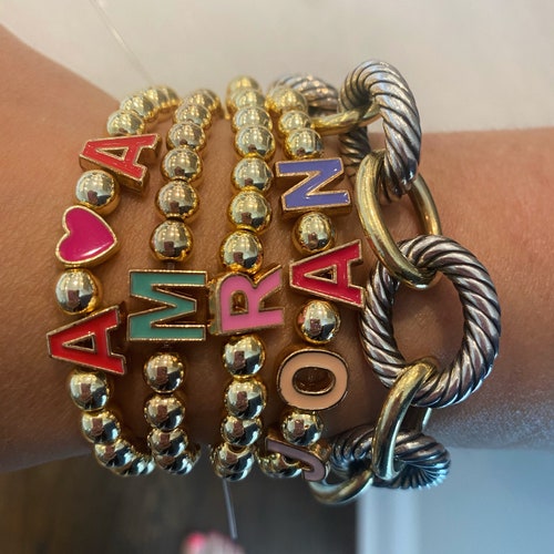 Gold Beaded Initial Bracelet in Enamel Assortment of Letters - Etsy