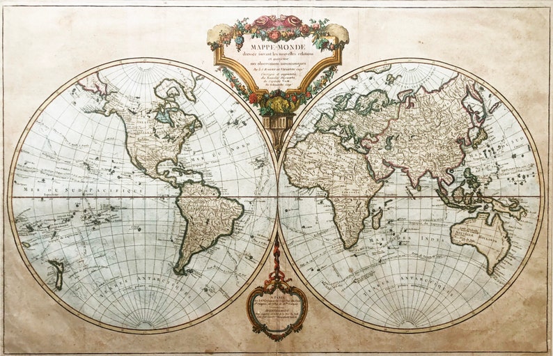 De Vagoundy 1790 World Map in two Hemispheres Copper | Etsy