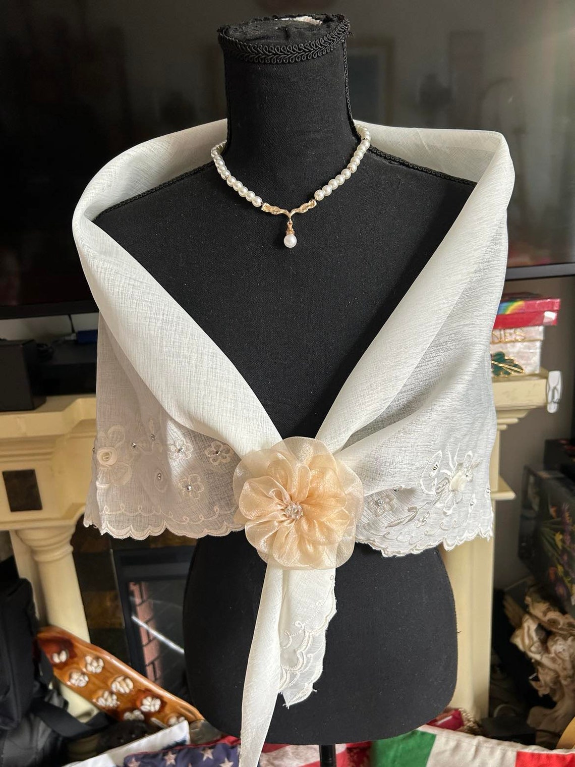 Embroidered Pinya Organza Alampay Shawl With Brooch, Filipino Formal ...